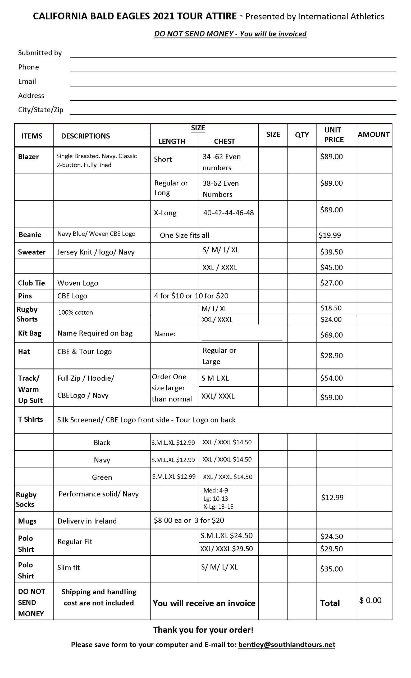 2021 Tour Attire Order Form – SOUTHLAND TOURS Inc.